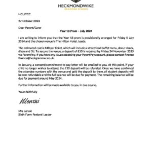 HCL Prom Letter Oct 2023 | Heckmondwike Grammar School