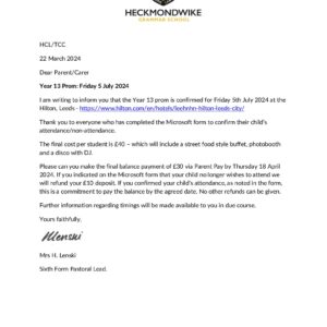 HCL Y13 Prom Letter 2024 | Heckmondwike Grammar School
